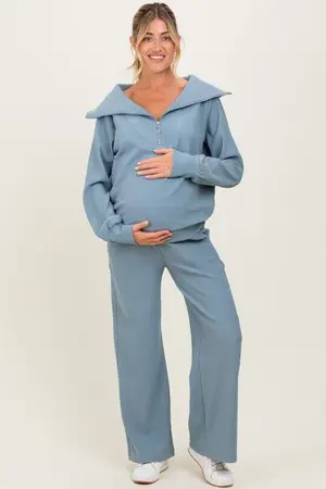PINKBLUSH Ribbed Half Zip Pullover Wide Leg Pant Set - Light Blue