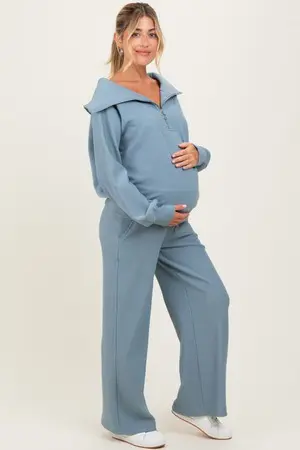 PINKBLUSH Ribbed Half Zip Pullover Wide Leg Pant Set - Light Blue