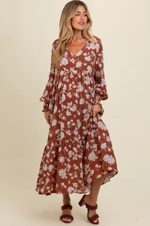 PINKBLUSH Floral Textured Bubble Sleeve Maxi Dress - Rust