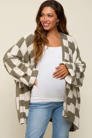 PINKBLUSH Checkered Oversized Cardigan Olive Green