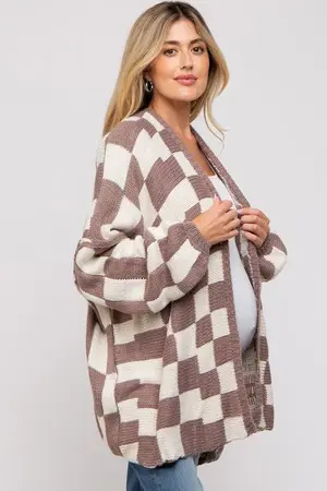 PINKBLUSH Checkered Oversized Cardigan - Taupe