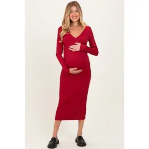 PINKBLUSH V-neck Long Sleeve Fitted Maxi Dress - Deep Red