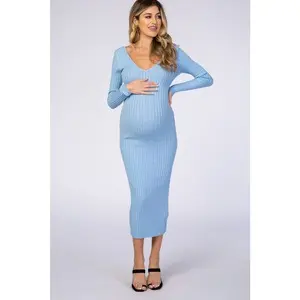 PINKBLUSH V-neck Long Sleeve Fitted Maxi Dress - Light Blue