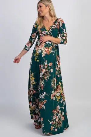 PINKBLUSH Floral Print 3/4 Sleeve Maxi Dress - Teal