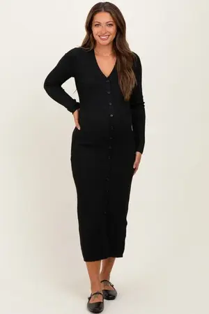 PINKBLUSH Ribbed Knit Button Down Long Sleeve Midi Dress - Black