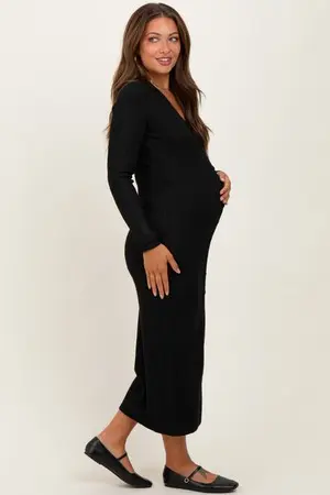 PINKBLUSH Ribbed Knit Button Down Long Sleeve Midi Dress - Black