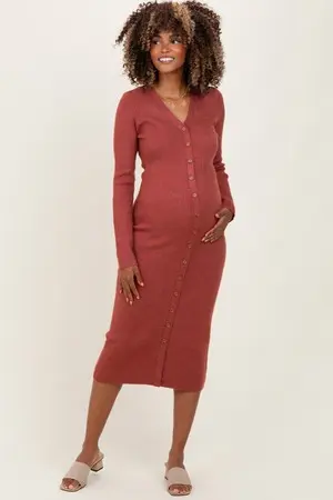 PINKBLUSH Ribbed Knit Button Down Long Sleeve Midi Dress - Rust