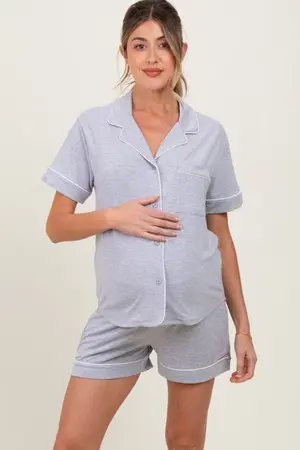 PINKBLUSH Short Sleeve Button Down Shirt And Shorts Set - Heather Grey