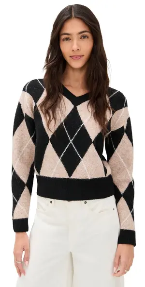 LE BOP Argyle V-neck Pullover Sweater - Oatmeal Combo
