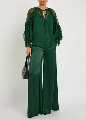 Alice + Olivia Nessi Wide-leg Satin Trousers - Dark Green