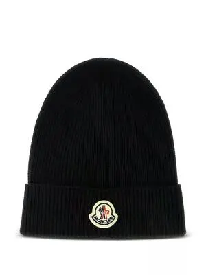 Moncler Ribbed Wool Beanie With Logo Patch - Black