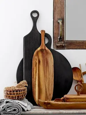 STORIED HOME Tall Acacia Wood Cheese And Cutting Board With Round Opening On Handle