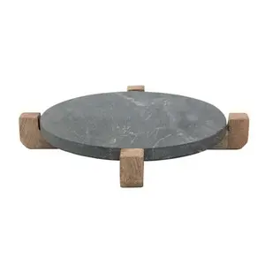 STORIED HOME Marble Serving Board With Mango Wood Stand - Grey