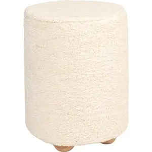 STORIED HOME Round Upholstered Pouf With Pine Wood Feet - Cream