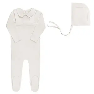 ELY'S & CO. Embroidered Collar Bodysuit, Overalls And Bonnet Set - Ivory Boy