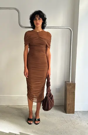 SAEMDI Draped Cape Midi Dress - Brown