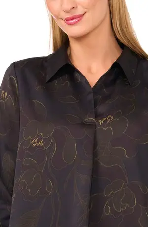 Halogen Floral Collared Charmeuse Popover Top - Rich Black
