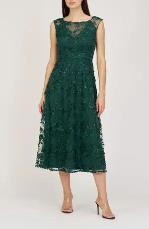 Js Collections Viviana Embroidered Sequin Floral Cocktail Midi Dress