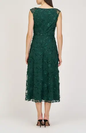Js Collections Viviana Embroidered Sequin Floral Cocktail Midi Dress