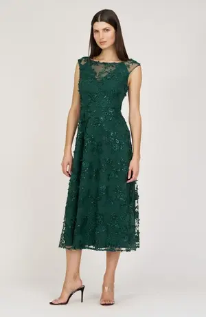 Js Collections Viviana Embroidered Sequin Floral Cocktail Midi Dress