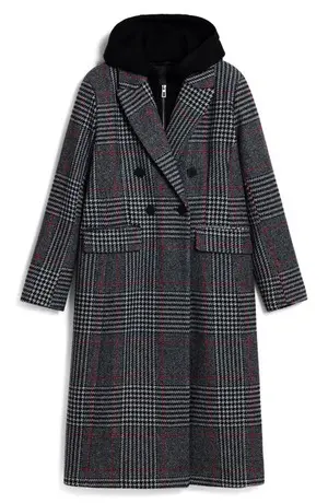 Desigual Tartan Plaid Overcoat With Removable Hoodie Inset