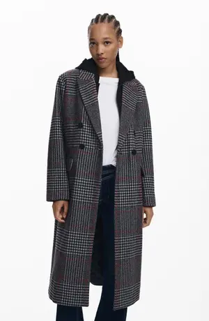 Desigual Tartan Plaid Overcoat With Removable Hoodie Inset