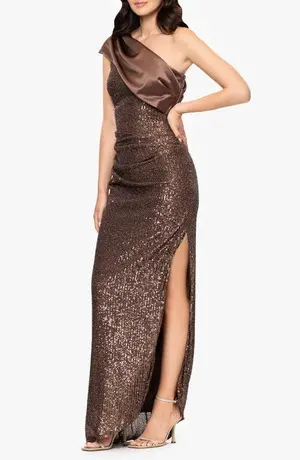 Betsy & Adam Sequin One-shoulder Gown