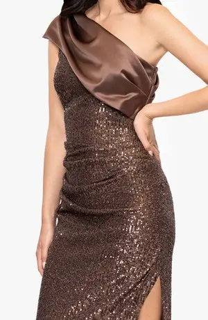 Betsy & Adam Sequin One-shoulder Gown