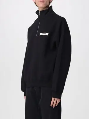 Jacquemus High Neck Relaxed Fit Cotton Jumper With Zip - Black