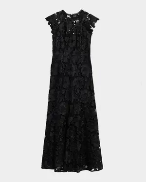 Shoshanna Raven Cap-sleeve Floral Lace Gown - Jet