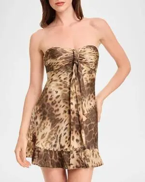 Dress The Population Strapless Animal-print Ruffle Mini Dress
