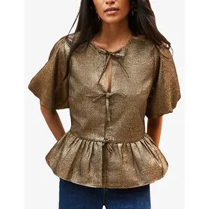 RO&ZO Tie-front Puff-sleeve Woven Top