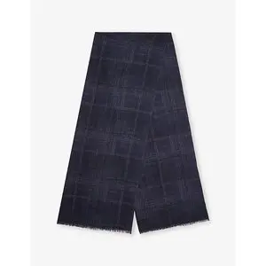 Corneliani Checked Frayed-edge Wool Scarf - Dark Blue