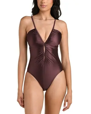 La Blanca Earth Goddess V-neck One-piece Swimsuit - Truffle