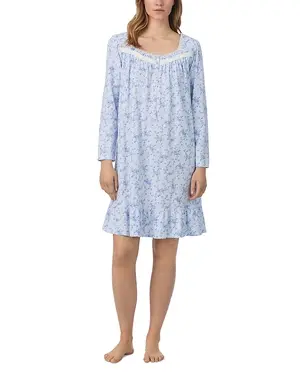Eileen West Long Sleeve Floral Short Nightgown - Blue Grd Viney Floral