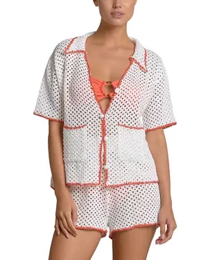 Elan Contrast Button-front Swim Cover Up Shirt