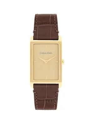 Calvin Klein Rectangle Dial Leather Strap Watch - Gold