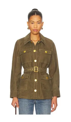 women's dark green suede cropped military jacket