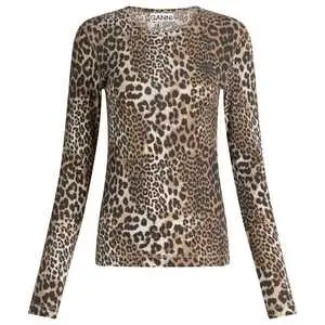 GANNI Soft Cotton Rib Long Sleeve Top - Leopard