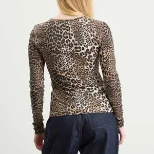 GANNI Soft Cotton Rib Long Sleeve Top - Leopard
