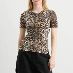 GANNI Soft Cotton Rib Short Sleeve T-shirt - Leopard
