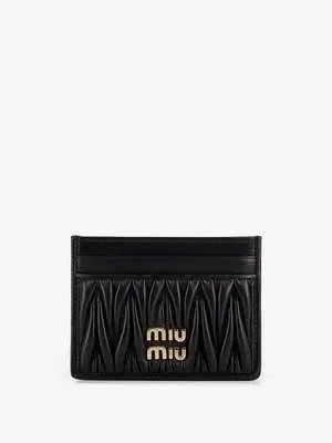 Miu Miu Quilted Leather Card Holder With Metal Logo - Black