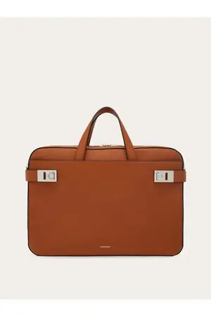 FERRAGAMO Hammered Calfskin Briefcase With Hug Buckles - Brown