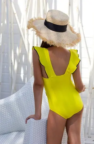 NESSI BYRD Ruffled V-neck Belted One-piece Swimsuit - Yellow