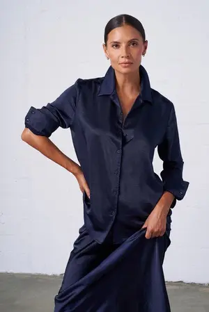FRANNE GOLDE Textured Satin Shirt - Navy