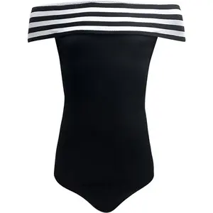 NESSI BYRD Striped Off-the-shoulder Ribbed One-piece Swimsuit - Black