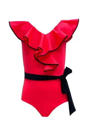 NESSI BYRD Ruffled V-neck Belted One-piece Swimsuit - Red