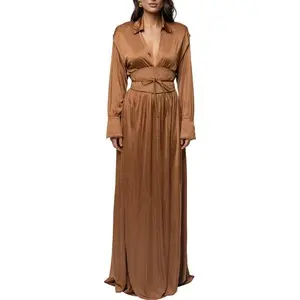 JLUXLABEL Collared Long Sleeve Satin Gown - Beige