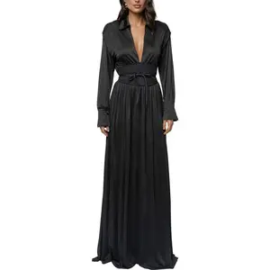 JLUXLABEL Collared Long Sleeve Satin Gown - Black