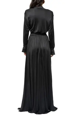 JLUXLABEL Collared Long Sleeve Satin Gown - Black